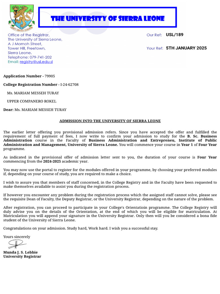 USL Admission Confirmation for Mariam Turay | PDF