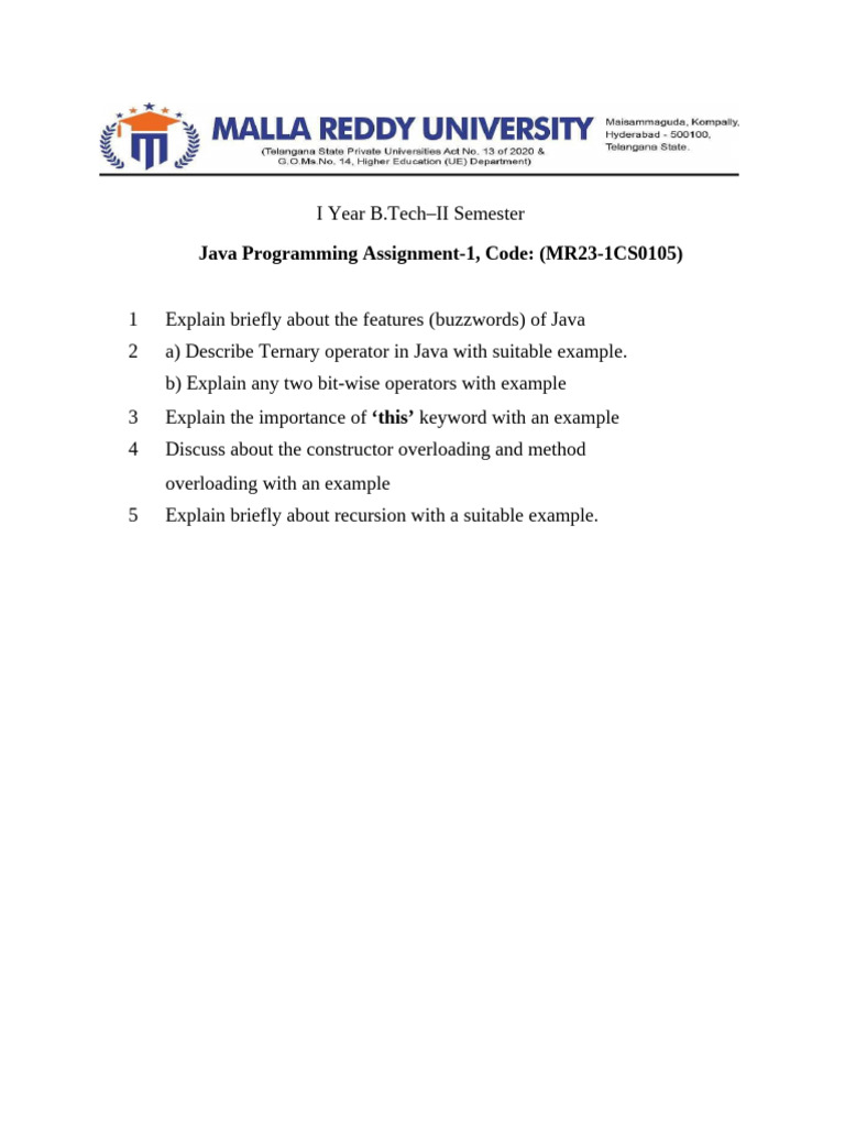 JAVA UNIT 1 Assignment Question | PDF