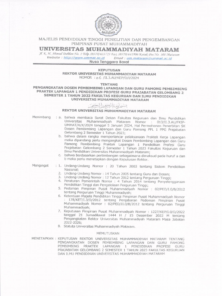 SK Pengangkatan Dosen Pembimbing Lapangan 1 Pendidikan Profesi Guru (PPG) Gelombang 2 Semester 1 ...