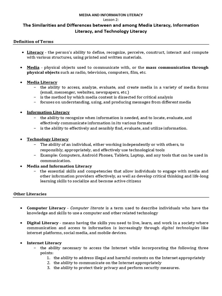 Group 2 The Similarities and Differences Between and Media Literacy Information Literacy and ...