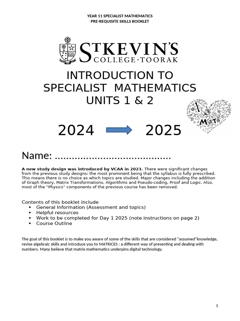 Year 11 Specialist Mathematics Skills Guide | PDF | Matrix (Mathematics ...