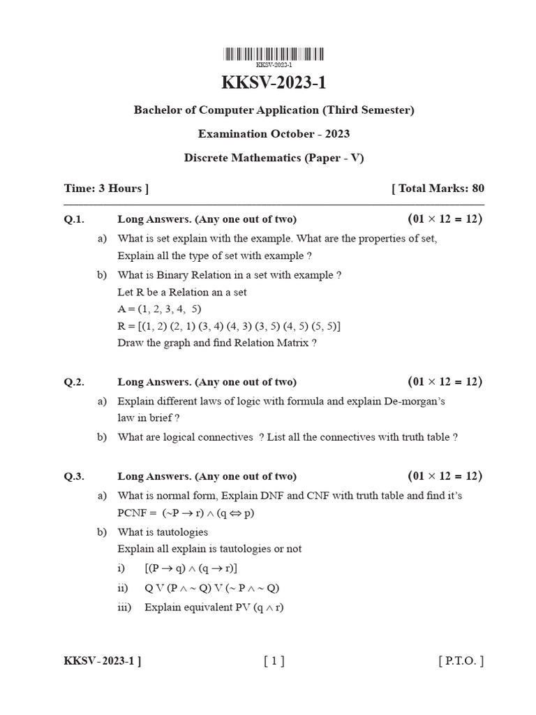 BCA Sem. III Paper V Discrete Mathematics 2021-22 | PDF | Discrete ...