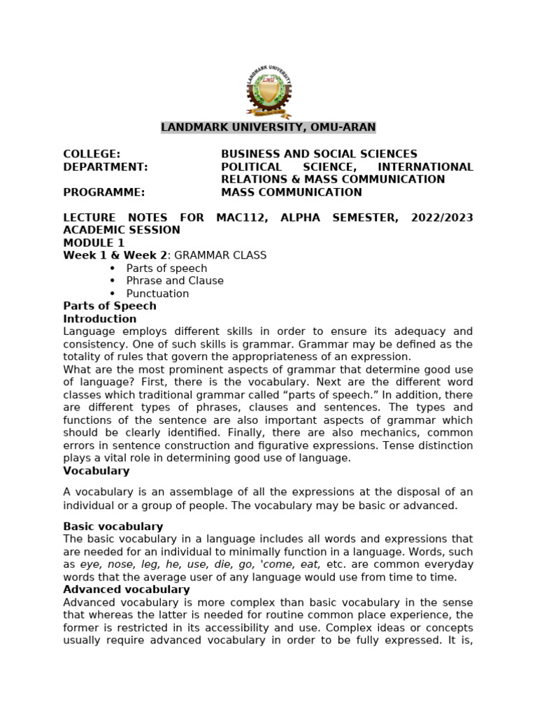 MAC112 Grammar Lecture Notes 2022-2023 Session | PDF | Verb | Part Of ...