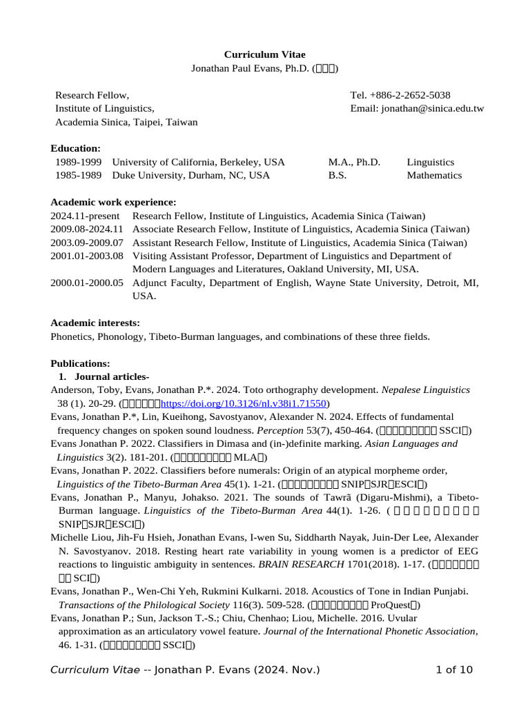 Jonathan Evans CV Nov 2024 | PDF | Tone (Linguistics) | Mandarin Chinese
