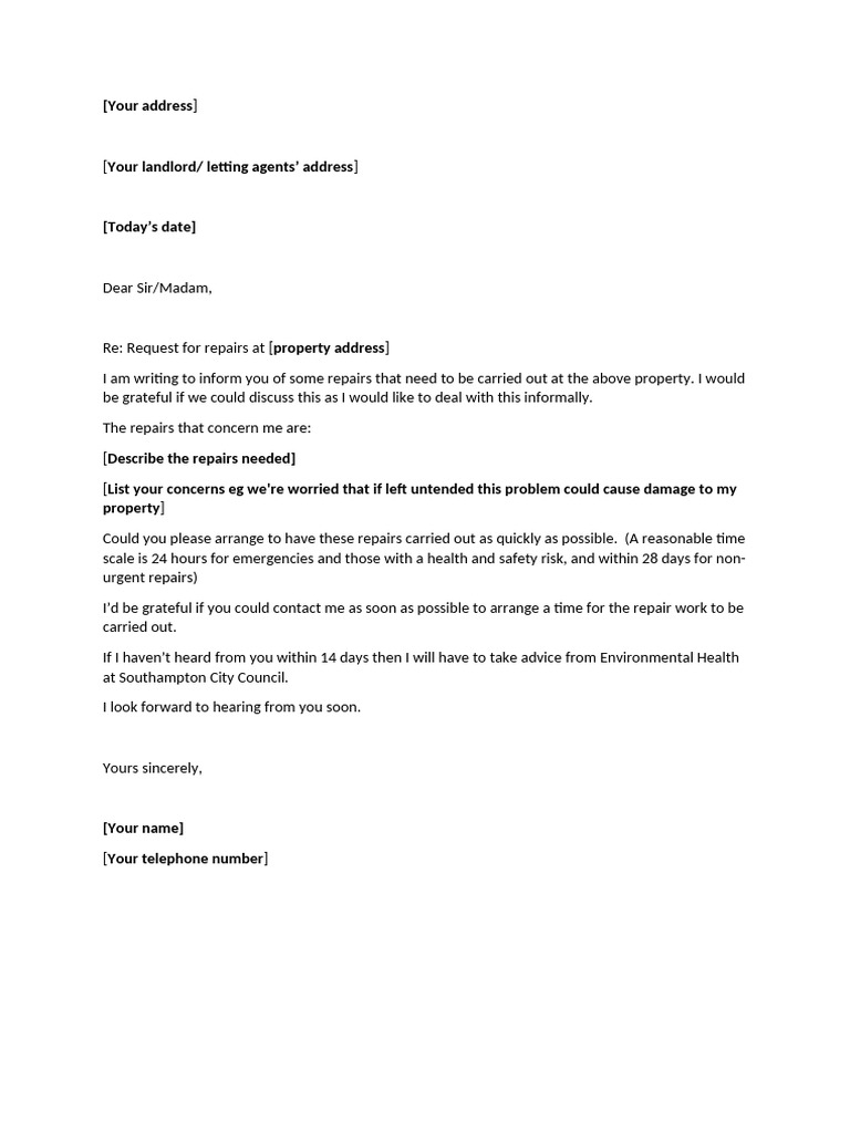 Letter Template Tenants Landlords Repair - tcm63 378170 | PDF
