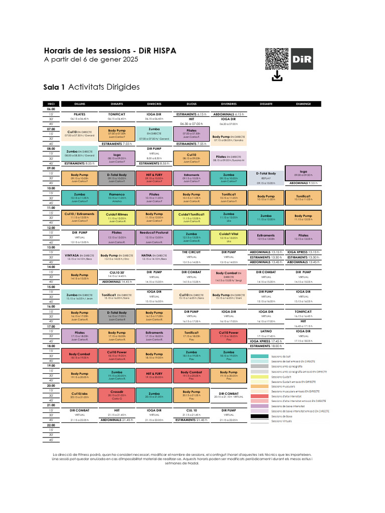 Horaris Activitats Dirigides Dir Hispa | PDF