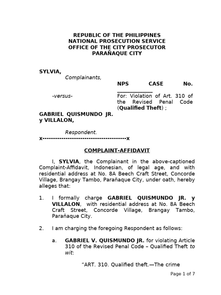 Complainant Affidavit SYLVIA | PDF | Burden Of Proof (Law) | Intimidation