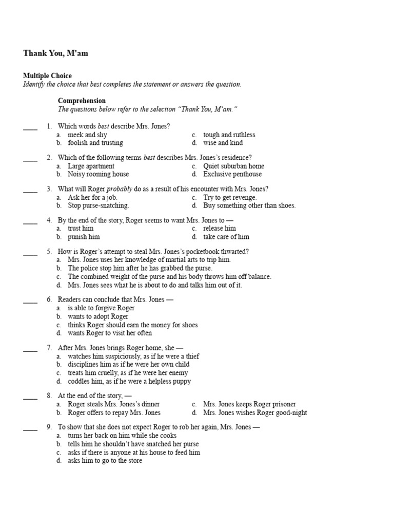 "Thank You, M'am: Comprehension Quiz" | PDF