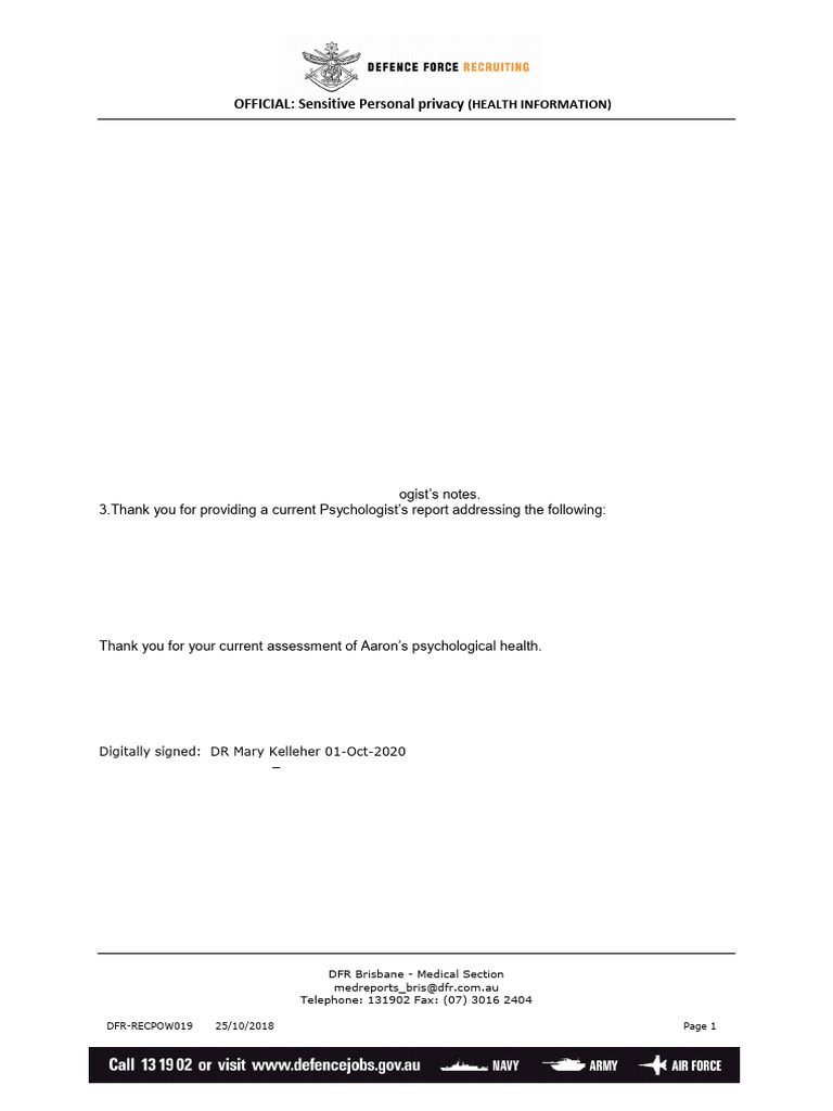 GP Report - Psychologist Report - Psychological Health 01102020 | PDF