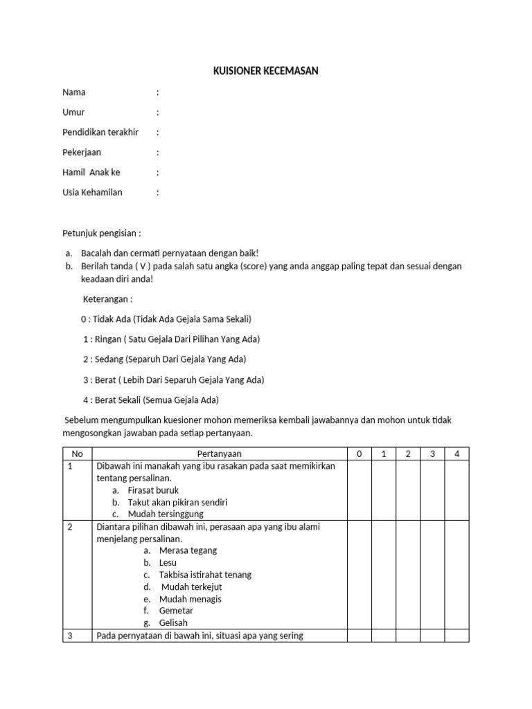 Kuisioner Kecemasan | PDF