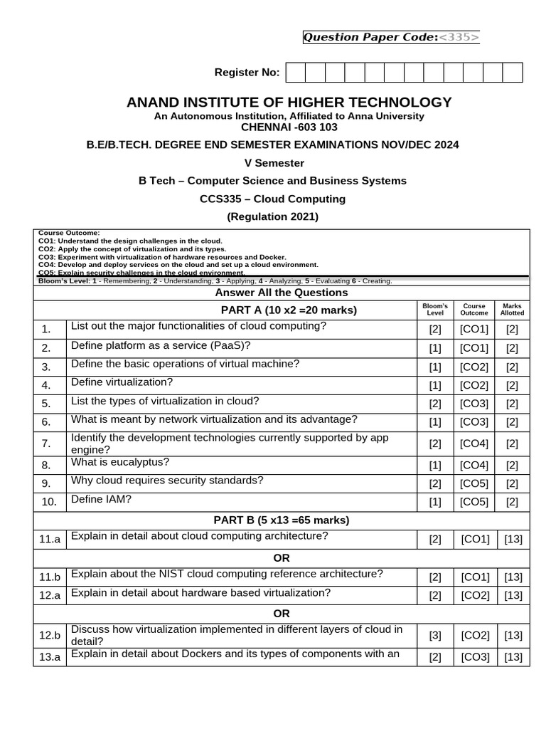 QUESTION PAPER CCS335 CC-set 1 | PDF | Cloud Computing | Virtualization