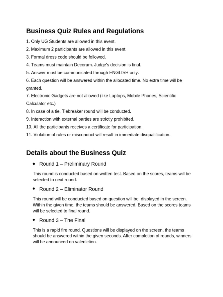 Business Quiz Rules and Regulations | PDF