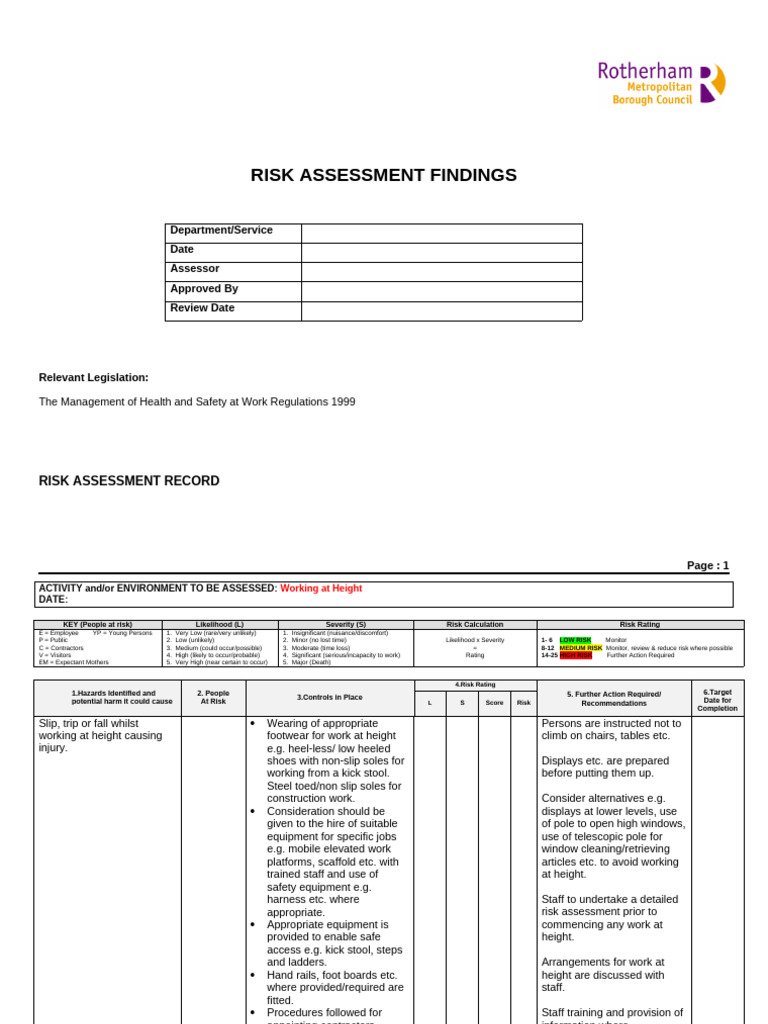 Working at Height Risk Assessment Template | PDF | Risk | Occupational ...