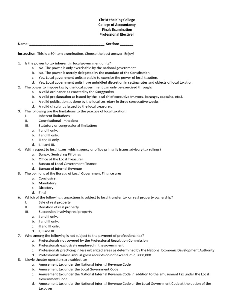 Local Taxation Exam Questions Guide | PDF | Taxes | Internal Revenue ...