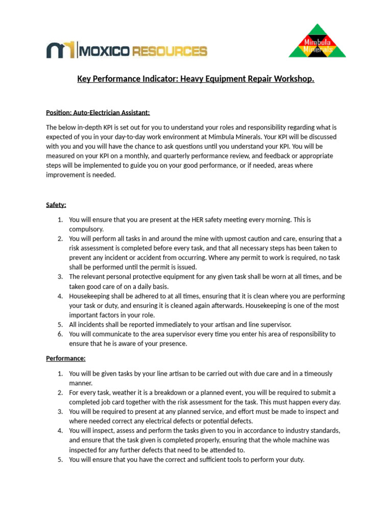 KPI Guidelines for Auto-Electrician Role | PDF | Performance Indicator ...