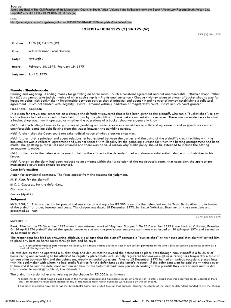 Joseph v Hein: Gambling Debt Ruling | PDF | Burden Of Proof (Law) | Cheque