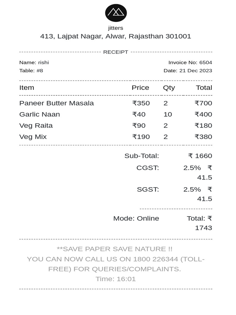 Restaurant Bill Template 2 | PDF