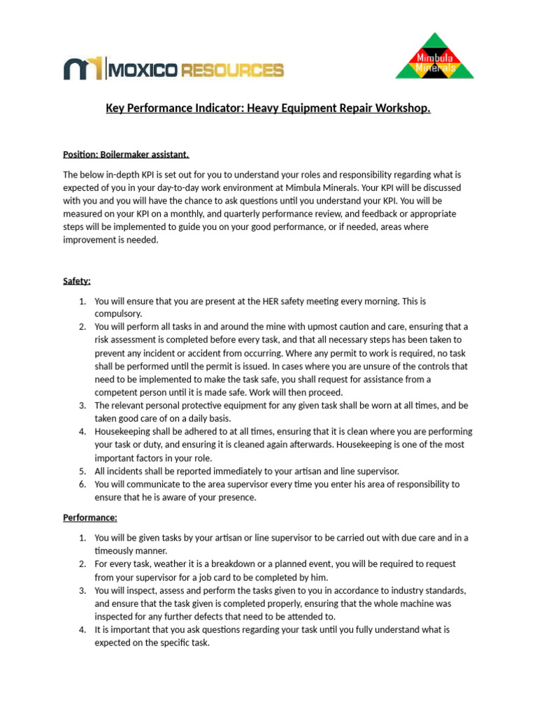 Key Performance Indicator, Boilermaker Assistant. MML | PDF ...