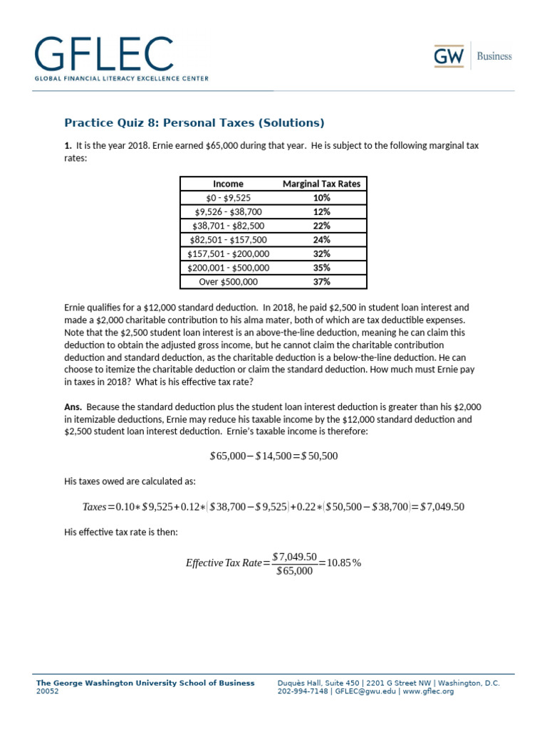 Personal Taxes Practice Quiz Solutions | PDF | Tax Deduction ...