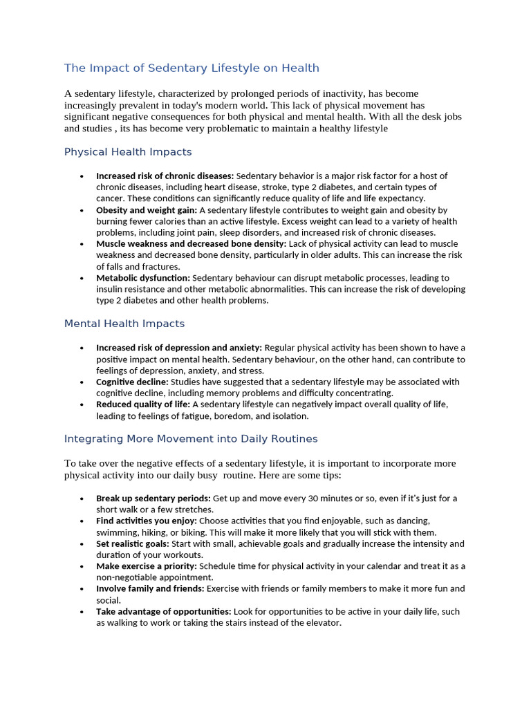 The Impact of Sedentary Lifestyle On Health | PDF | Sedentary Lifestyle ...