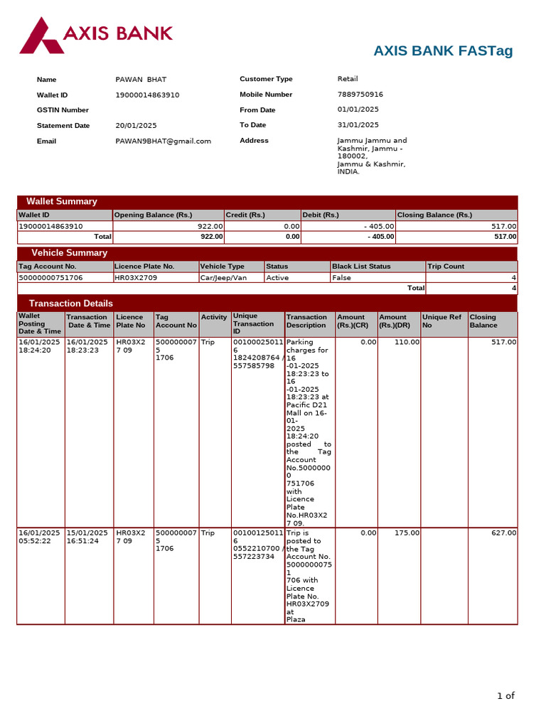 FASTag - Statement27 | PDF | Debits And Credits | Financial Services