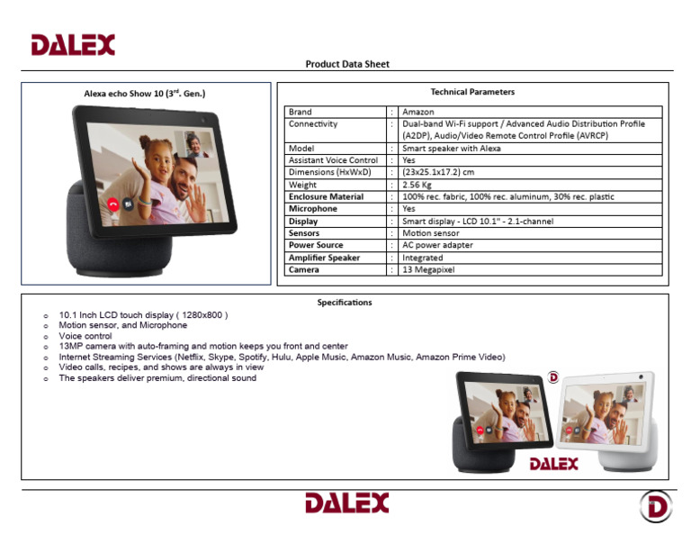 Amazon Alexa Echo Show 10 Specs | PDF