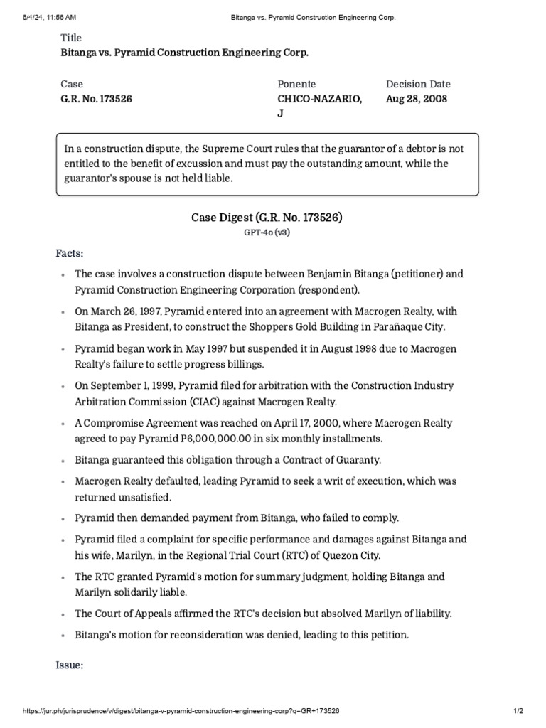 Bitanga vs. Pyramid Construction Engineering Corp | PDF | Guarantee ...