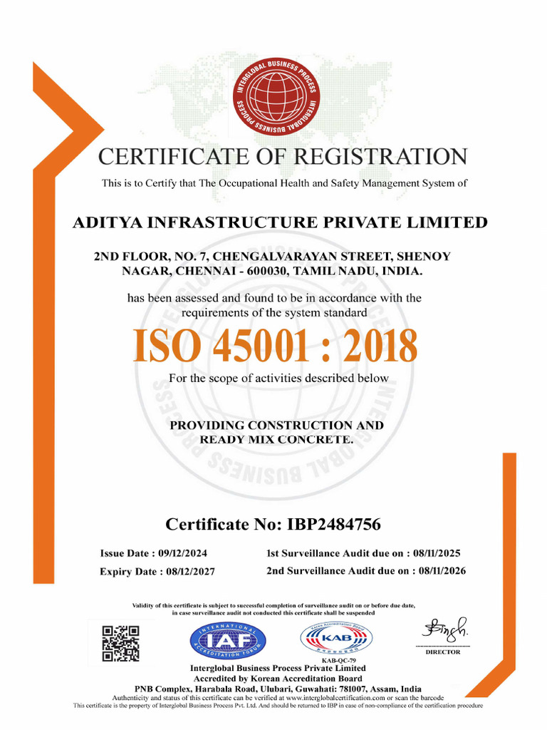 Final Certificate 45001 Aditya Infrastructure Private Limited | PDF