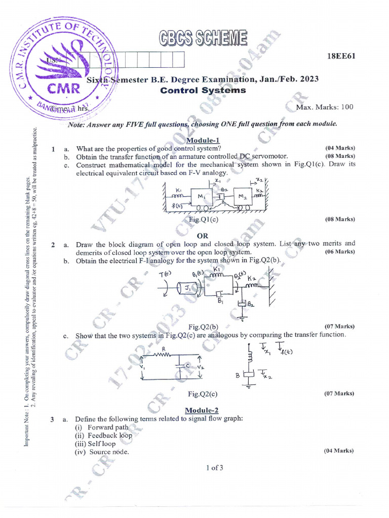 VTU Question Paper of 18EE61 Control Systems Jan-Feb-2023 | PDF
