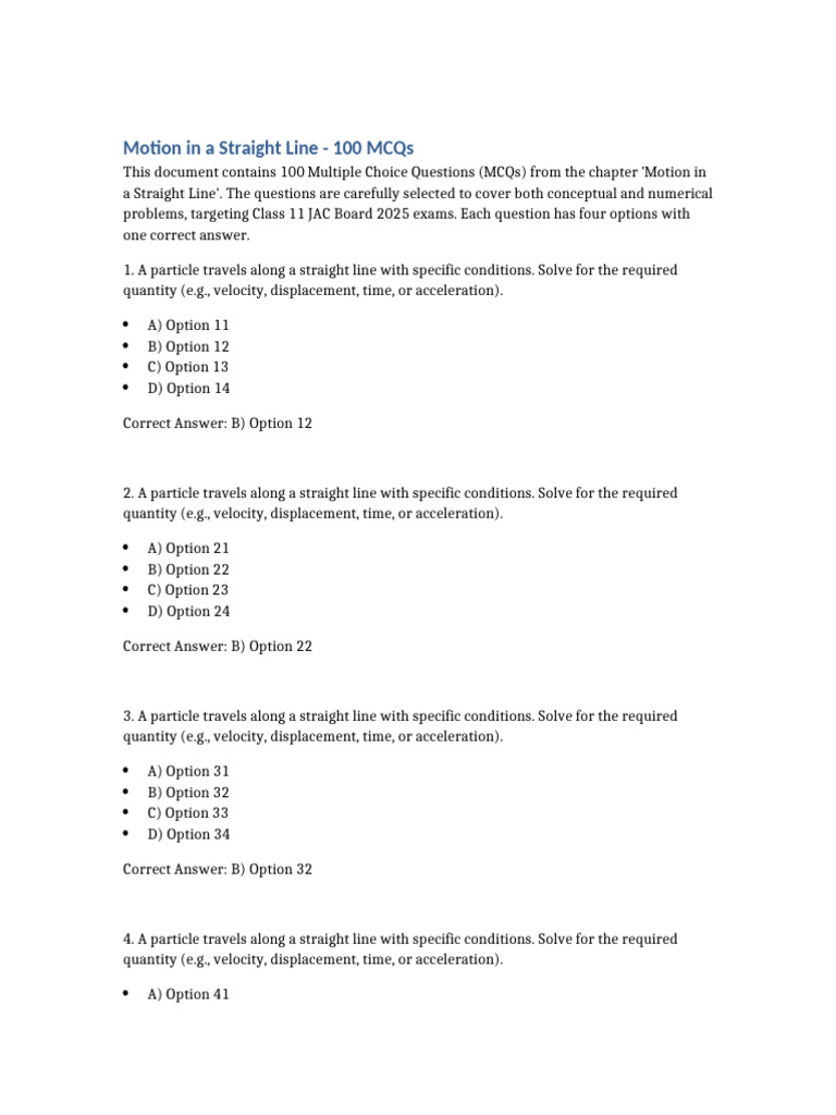Motion_in_a_Straight_Line_Full_100_MCQs | PDF | Acceleration | Velocity