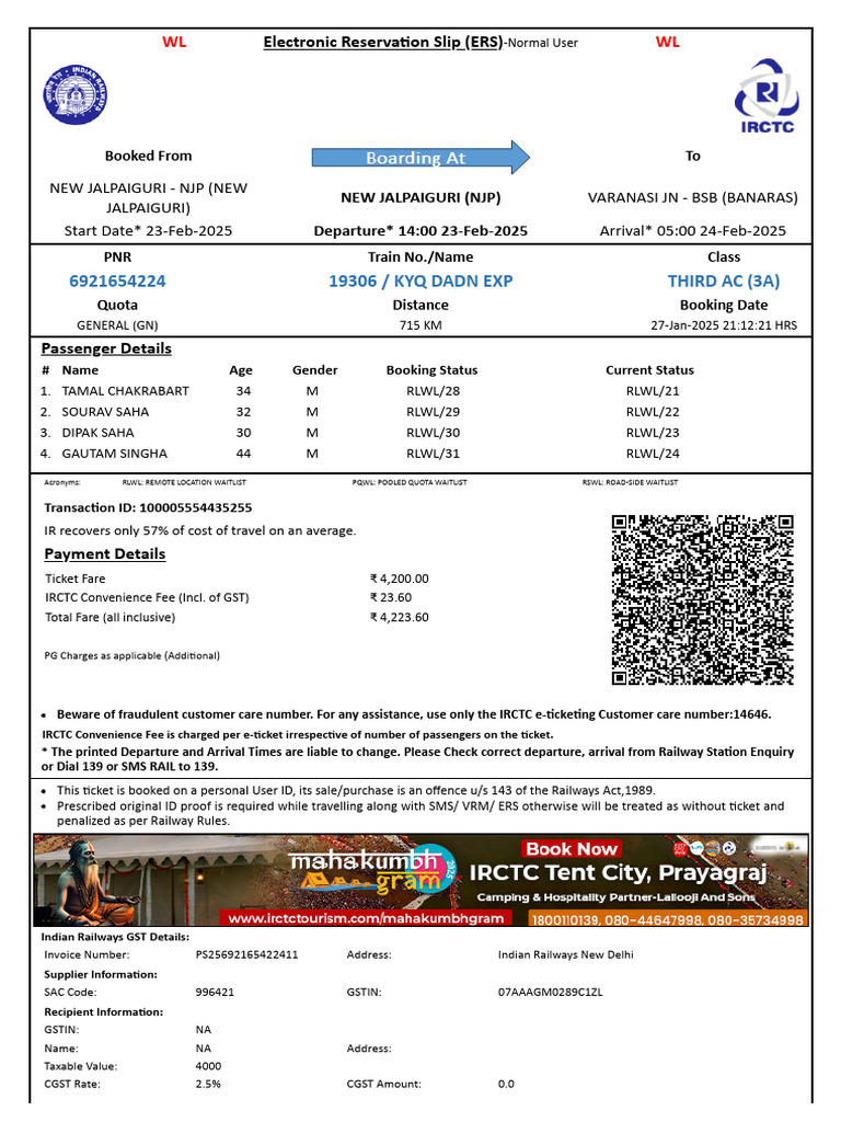 njp to varanashi | PDF | Identity Document | Payments
