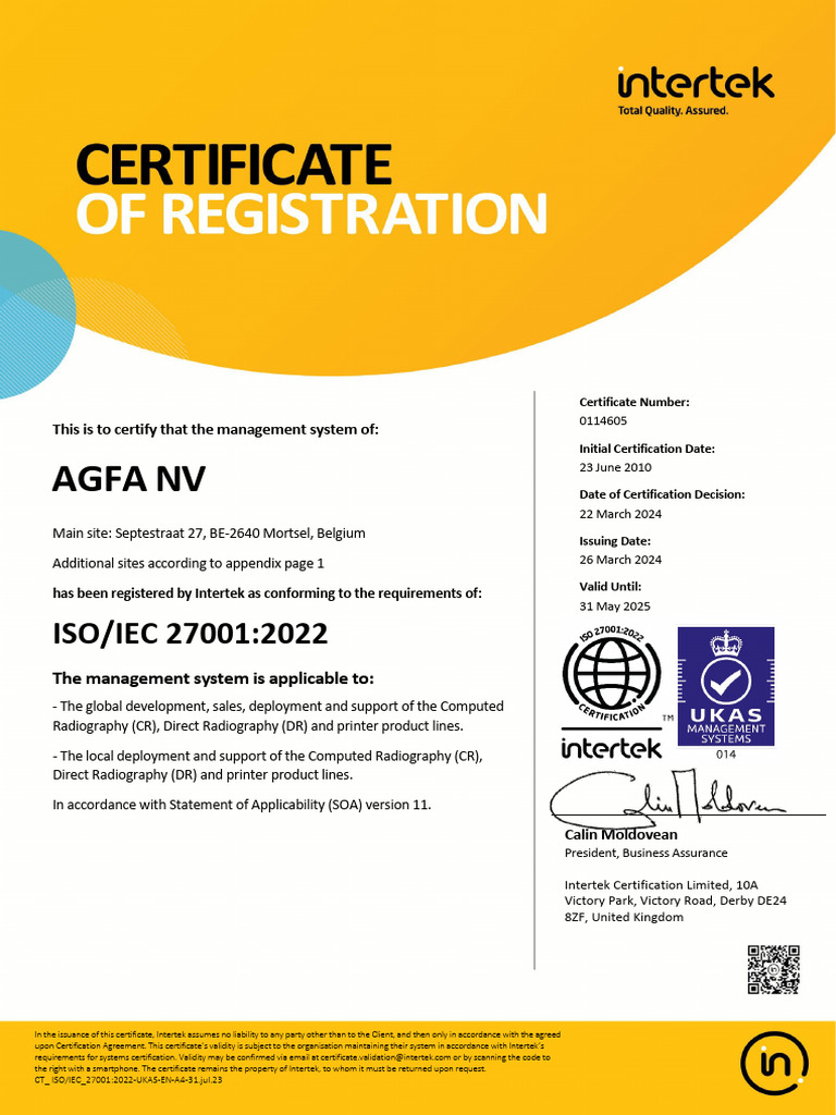 AGFA NV ISO 27001:2022 Certification | PDF