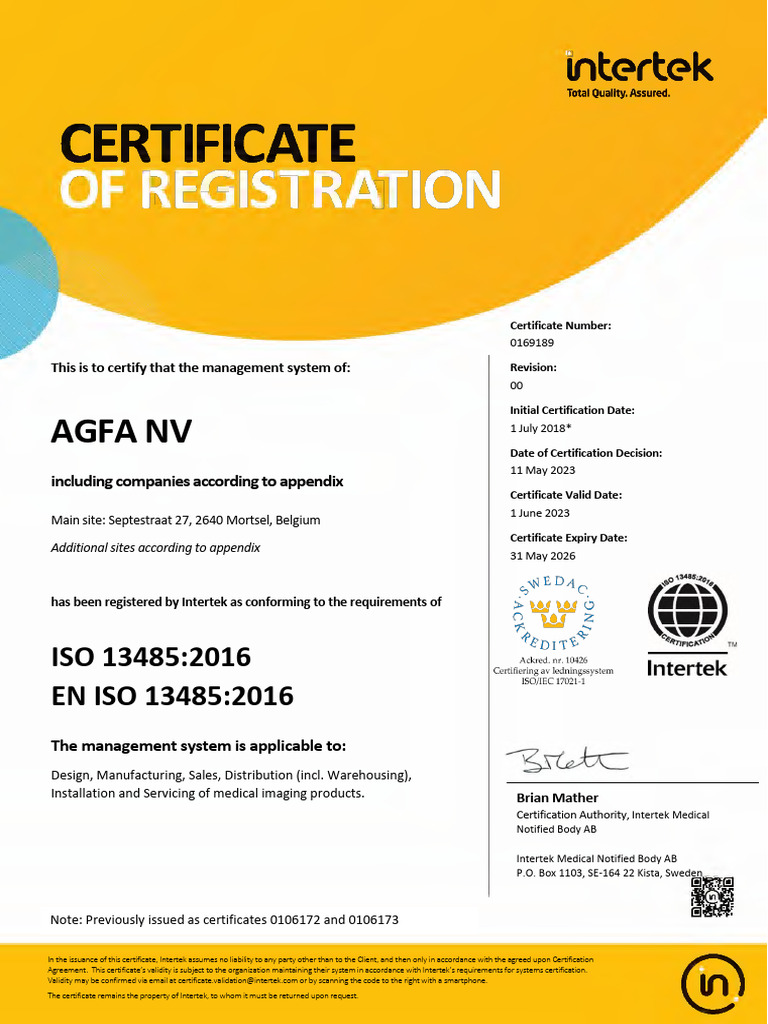 Agfa NV - Certificate (EN) ISO 13485 | PDF | Medical Equipment