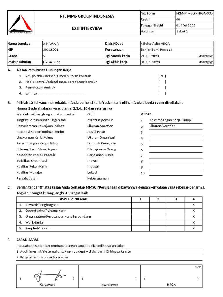 Contoh Formulir Exit Interview | PDF