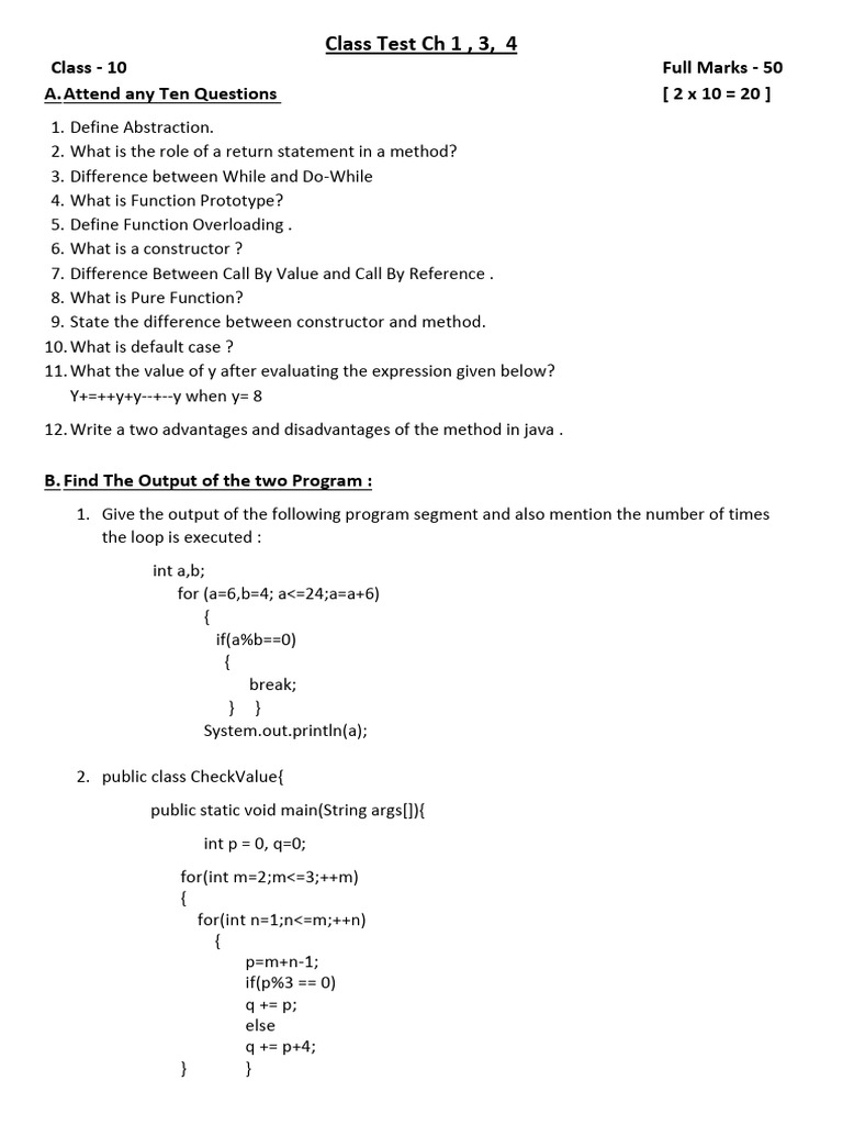 Class Test CH 1, 3, 4: Class - 10 Full Marks - 50 A. Attend Any Ten ...