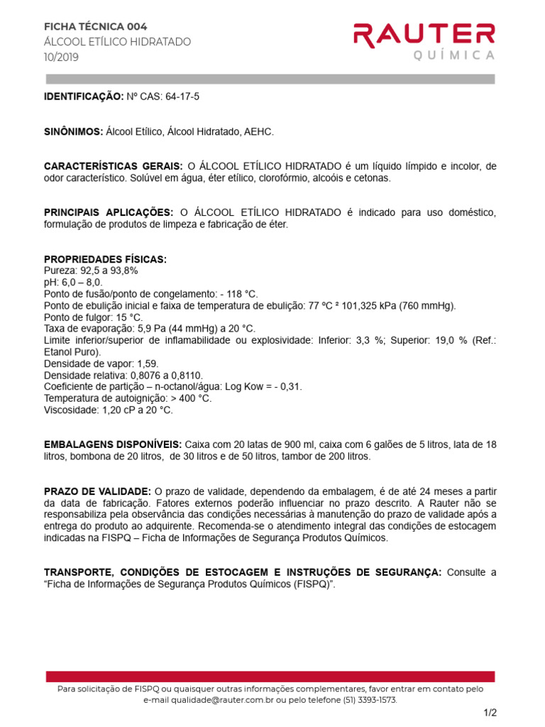 Alcool Etilico Hidratado Ficha Tecnica 004 Rev 04 | PDF
