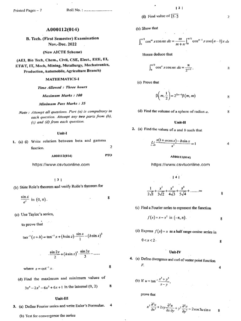 Btech 1 Sem Mathematics 1 A000112 Dec 2022 | PDF