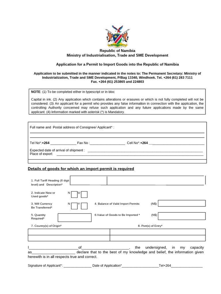 Namibia Import Permit Application Form | PDF