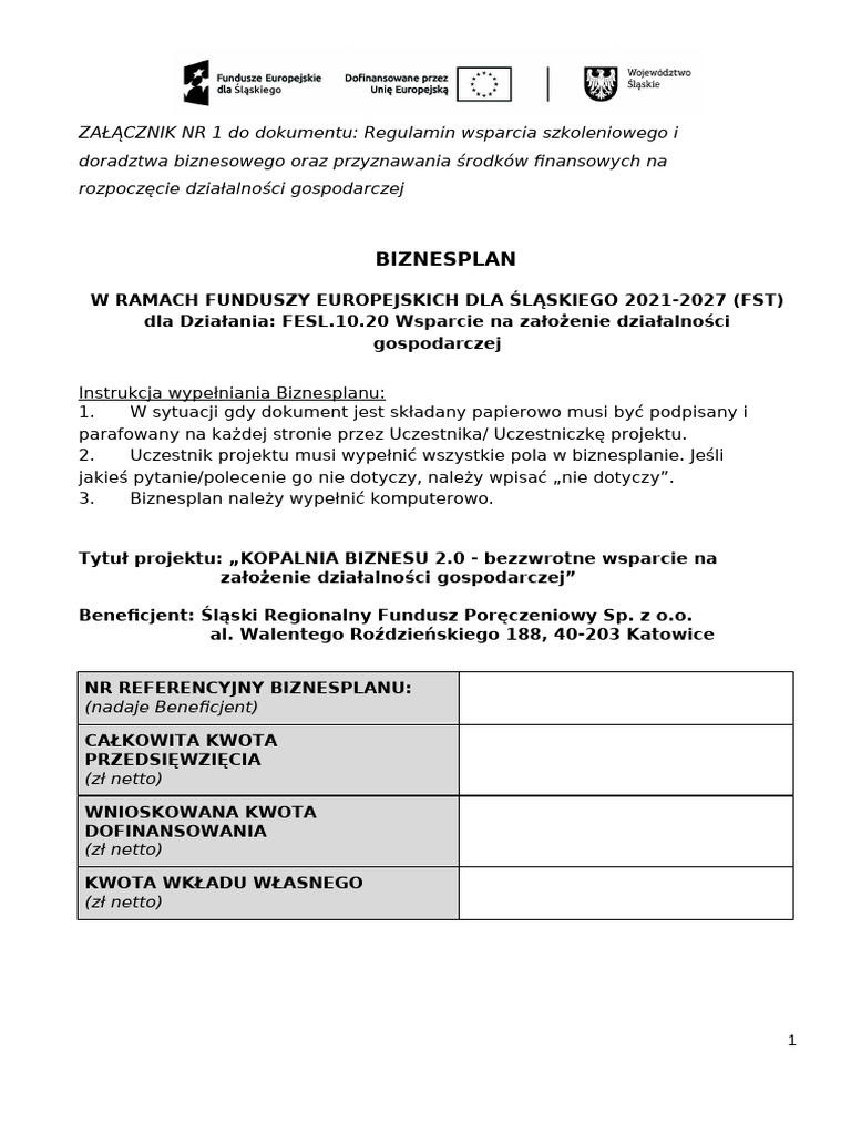 Zał. NR 1 Biznesplan | PDF