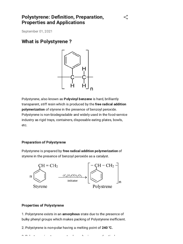 Polystyrene - Definition, Preparation, Properties and Applications | PDF