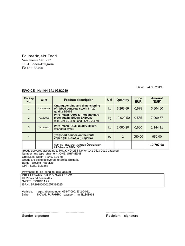 Invoice (Faktura) Polimerinjekt Bulgaria 24 08 2019 | PDF