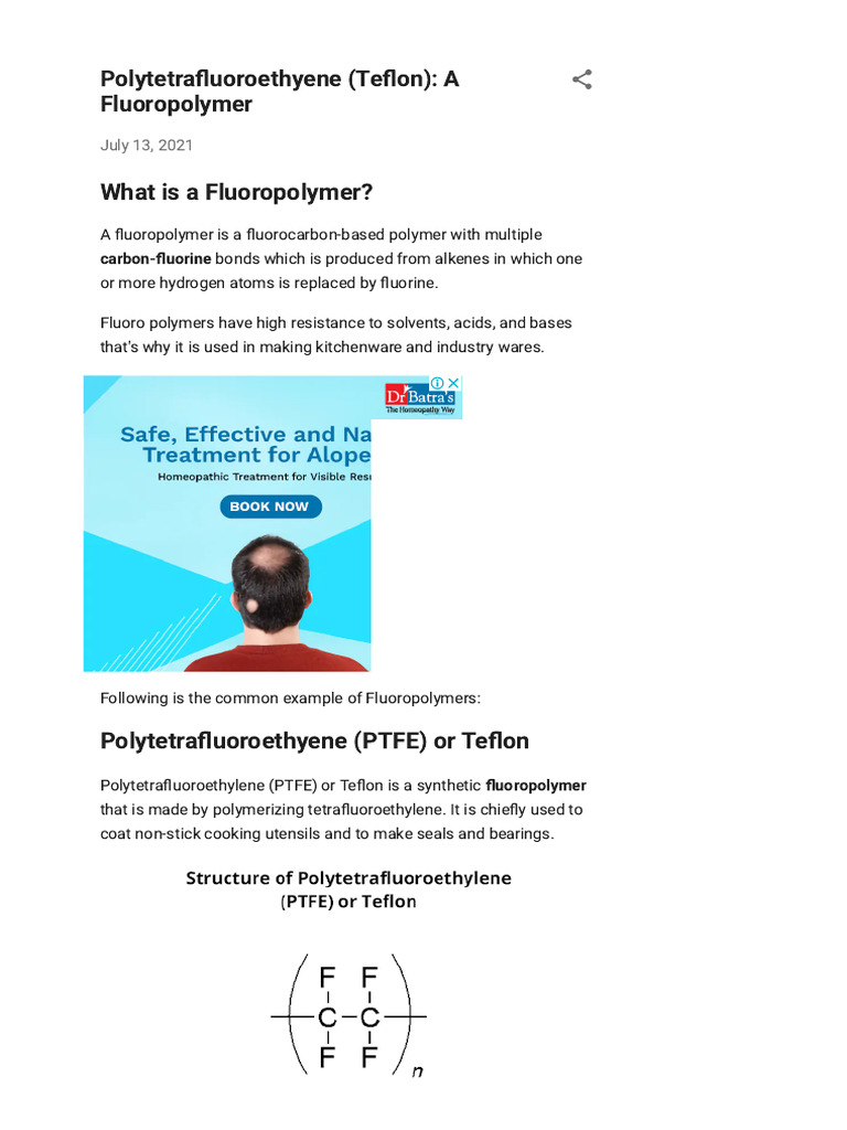 Polytetrafluoroethyene (Teflon) - A Fluoropolymer | PDF | Physical Sciences | Chemistry