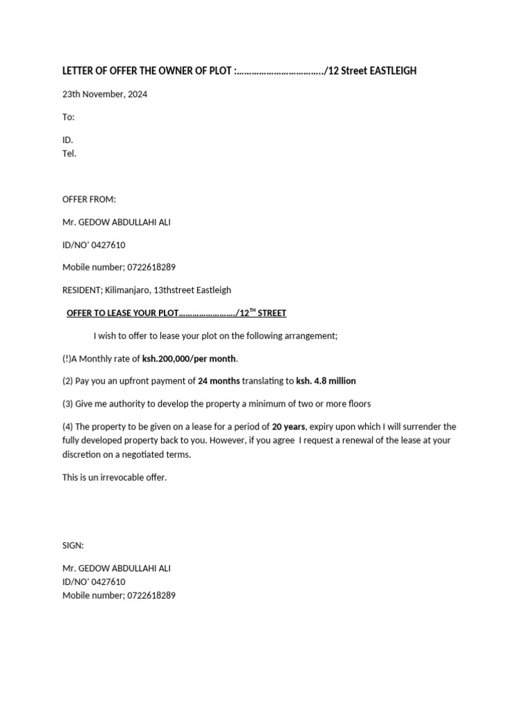 LETTER OF OFFER THE OWNER OF PLOT | PDF