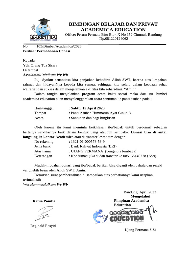 Permohonan Donasi untuk Santunan Panti Asuhan | PDF