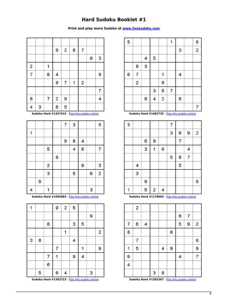Hard Sudoku Booklet 1 en 6 | PDF | Logic Puzzles | Puzzles