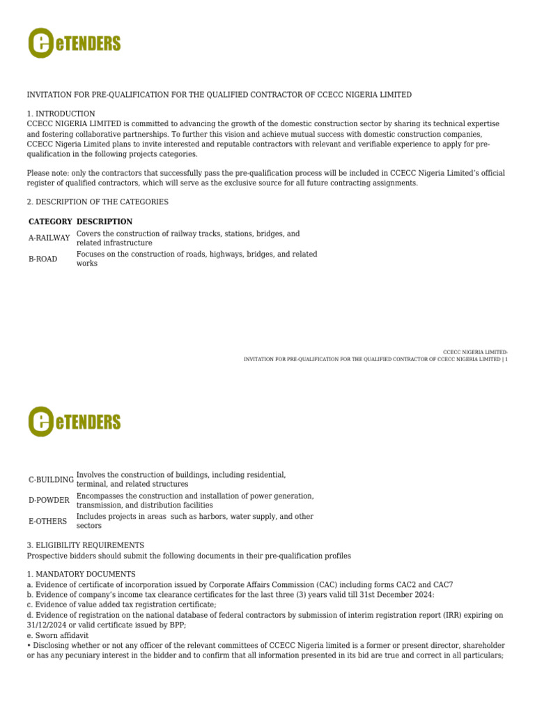 CCECC NIGERIA LIMITED - BR - INVITATION FOR PRE-QUALIFICATION FOR THE ...