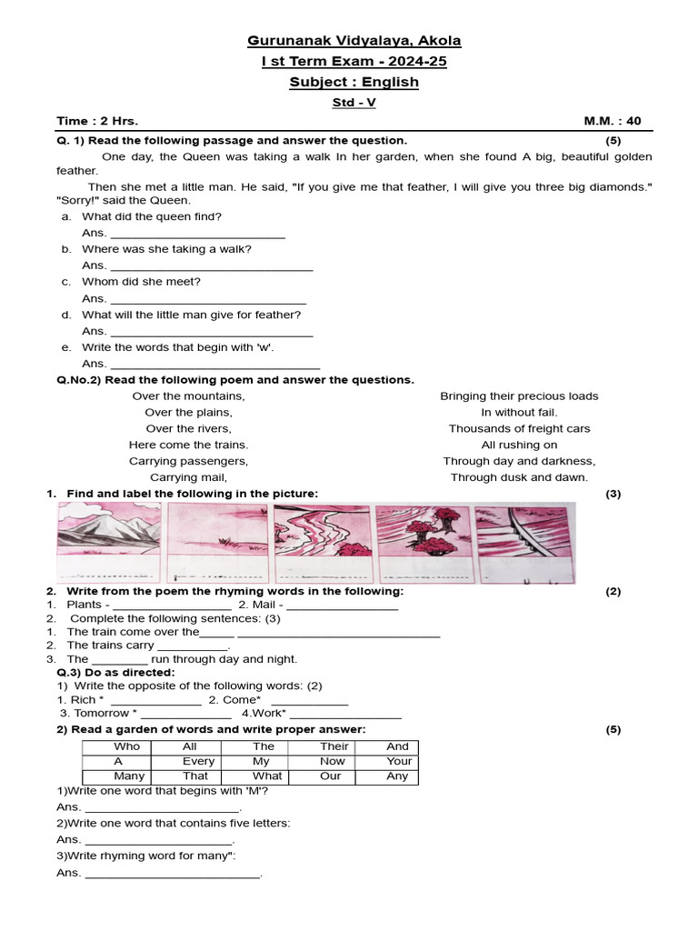 English 5th Class 1st Term 24-25 | PDF