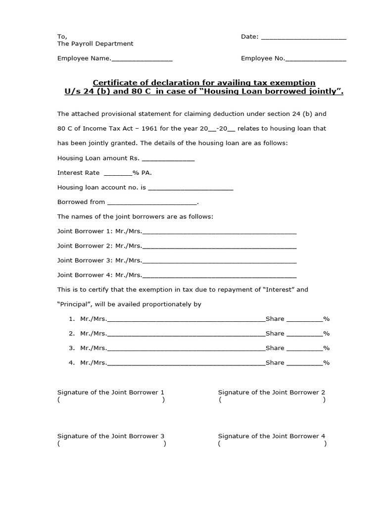 Certificate of Declaration For Availing Tax Exemption U/s 24 (B) and 80 ...
