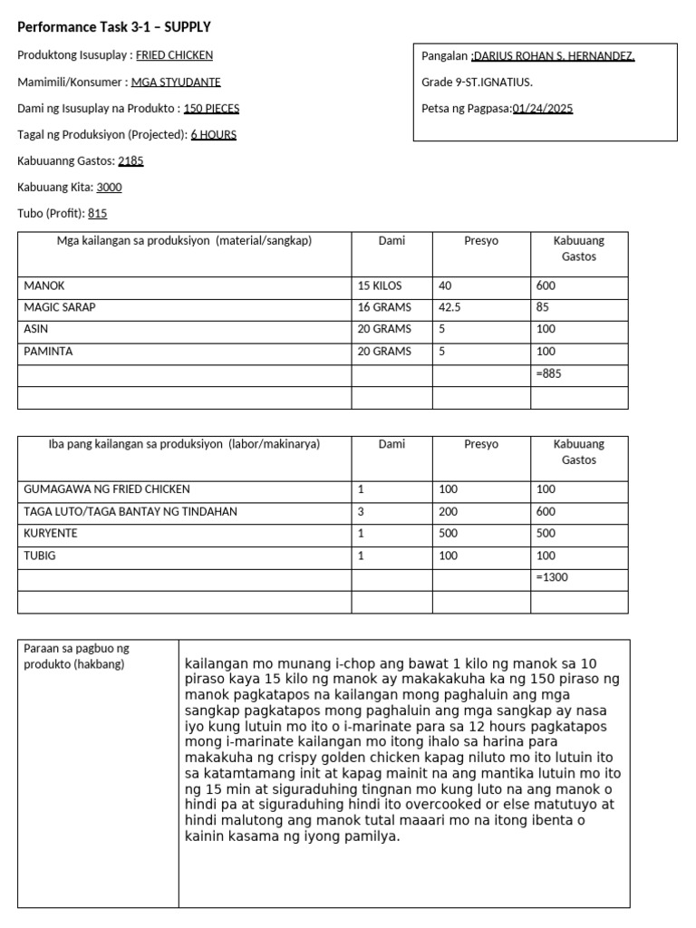 AP9 3rd Grading Performance Task 3-1 - Supply | PDF