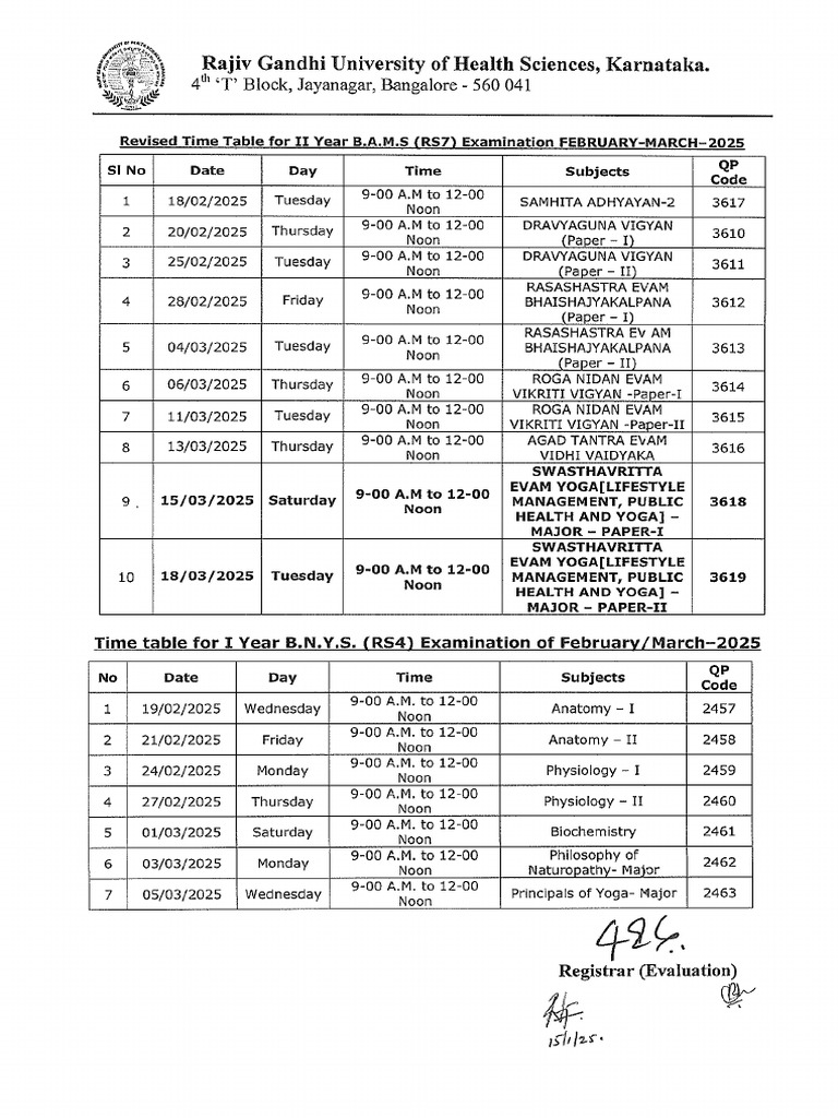 Revised Time Table II PROFESSIONAL RS7 BAMS and I BNYS RS4 | PDF